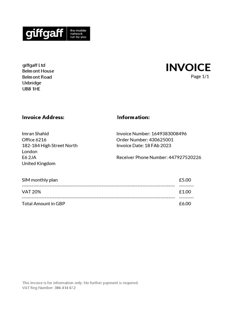 Giffgaff Invoice Details and VAT Info | PDF