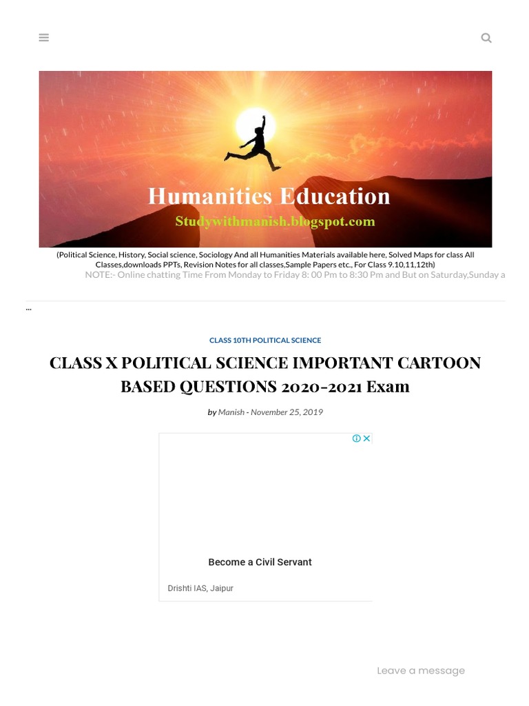 CLASS X POLITICAL SCIENCE IMPORTANT CARTOON BASED QUESTIONS 2020-2021 ...
