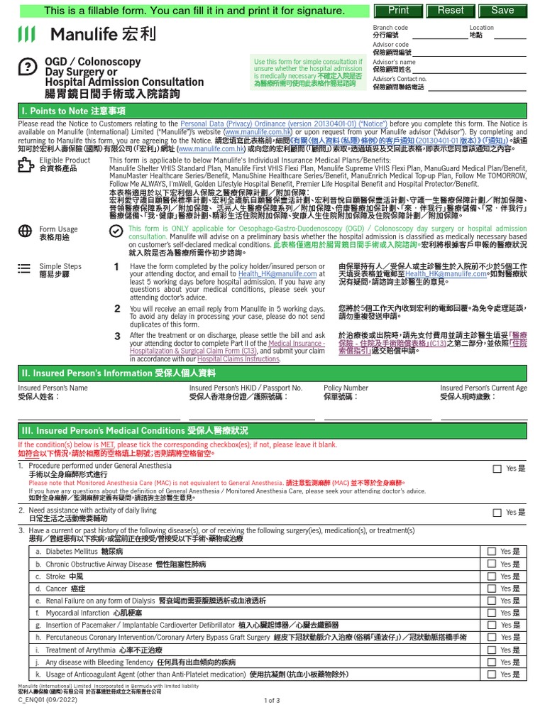 Ogd Colonoscopy Day Surgery or Hospital Admission Consultation Form ...