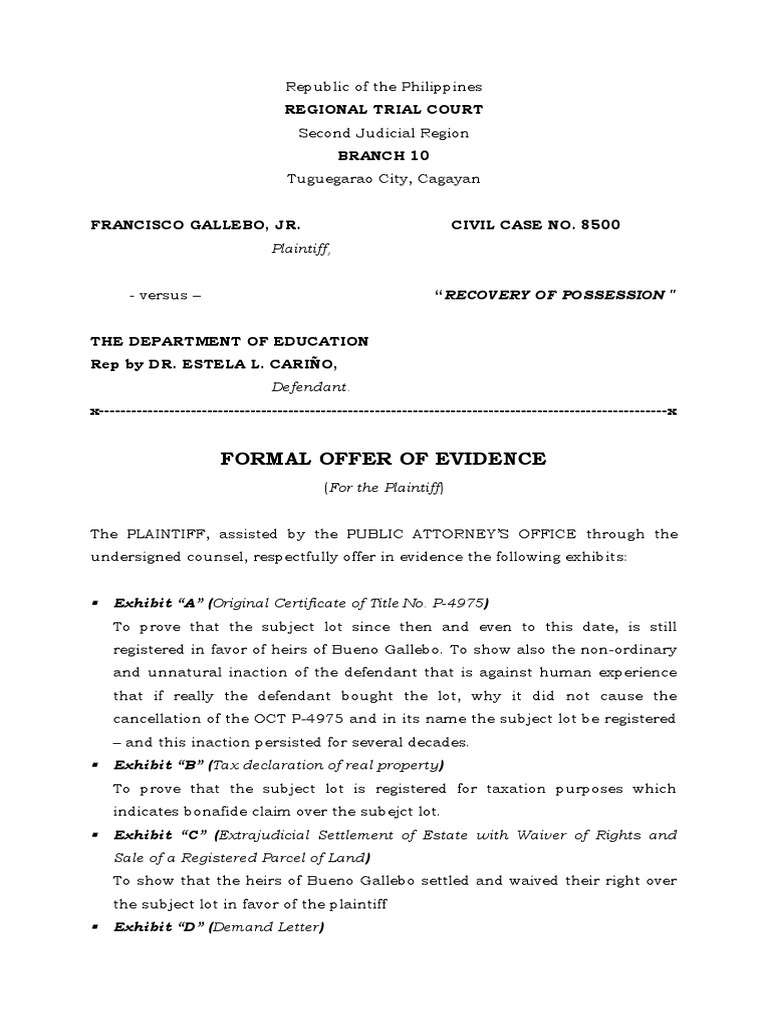 Formal Offer of Evidence in Civil Case | PDF | Public Law | Common Law