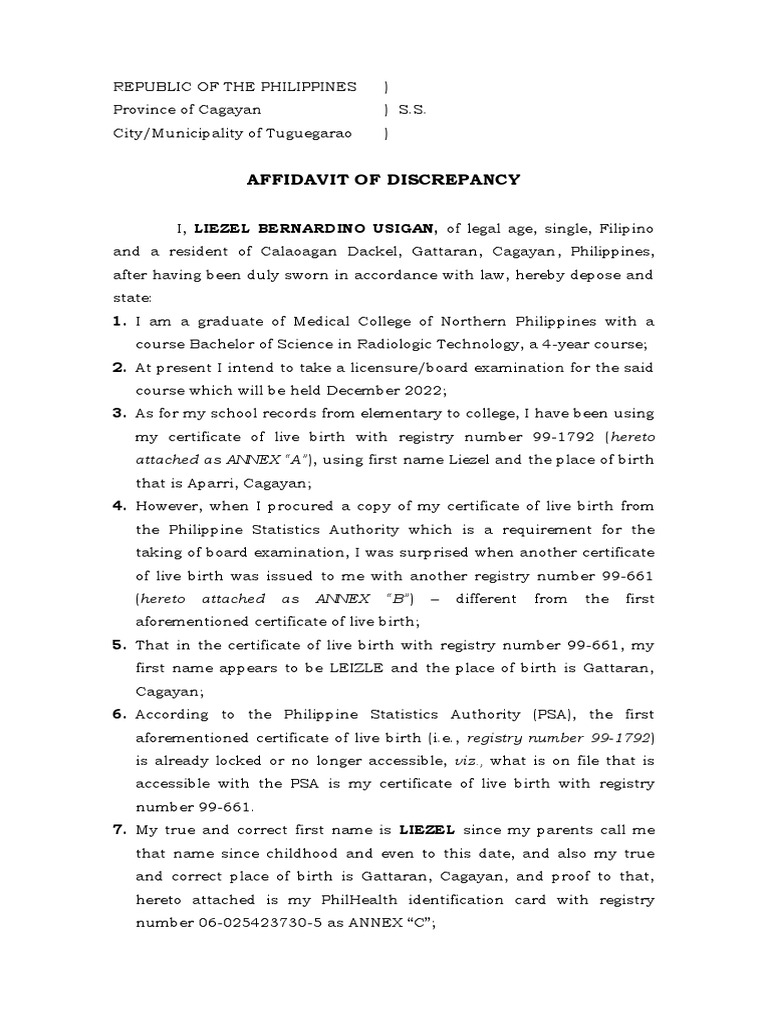 Affidavit of Discrepancy (Certificate of Live Birth) | PDF | Affidavit ...