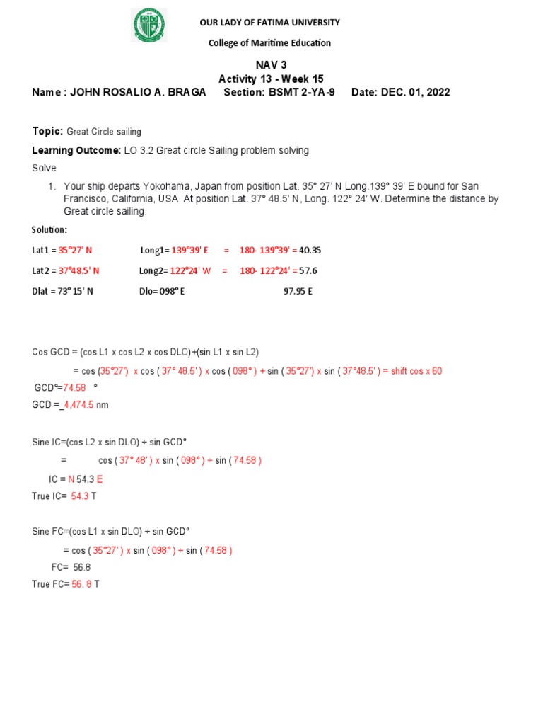 NAV 3 Week 15 Solving Great Circle Sailing JOHN ROSALIO A. BRAGA | PDF