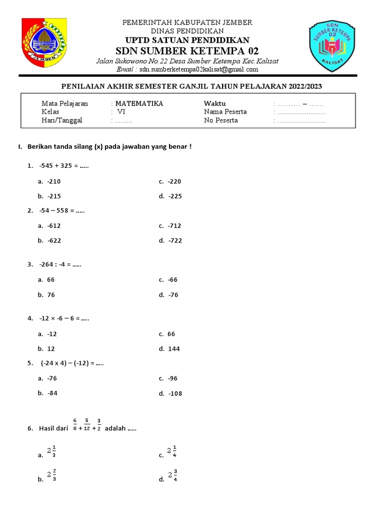 Soal PAS Matematika Kelas 6 GANJIL | PDF