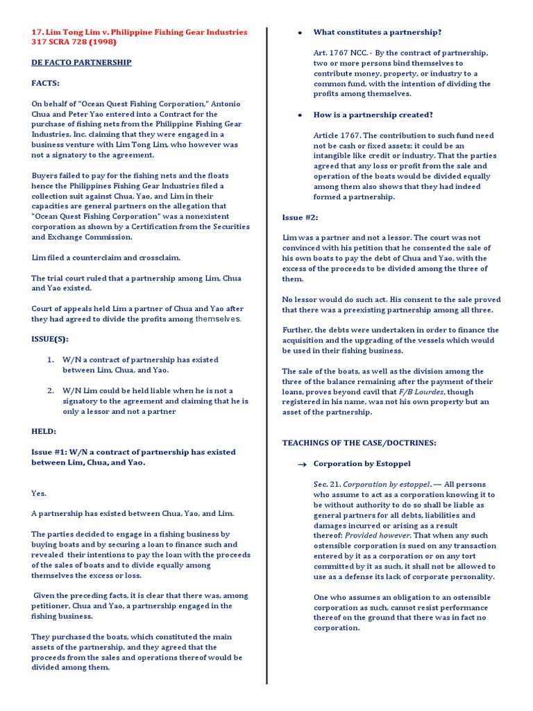 Lim Tong Lim v. Philippine Fishing Gear Industries | PDF | Partnership ...