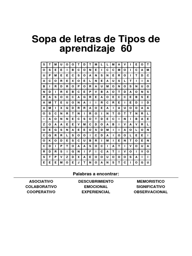 Sopa de Letras de Tipos de Aprendizaje - 60 | PDF