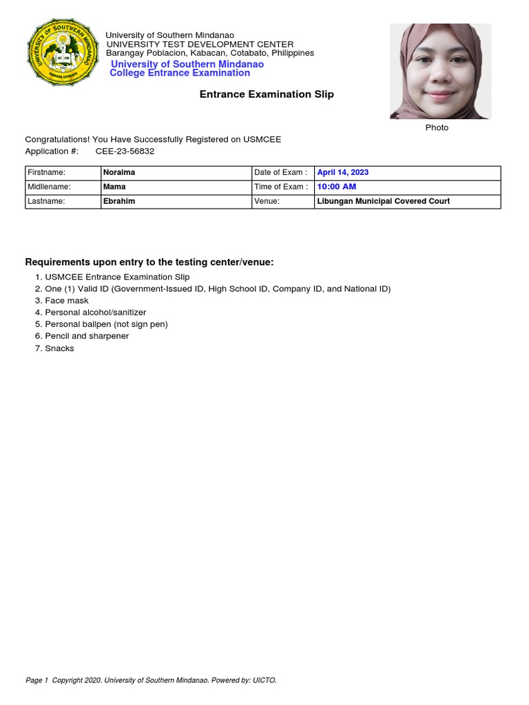Entrance Examination Slip | PDF