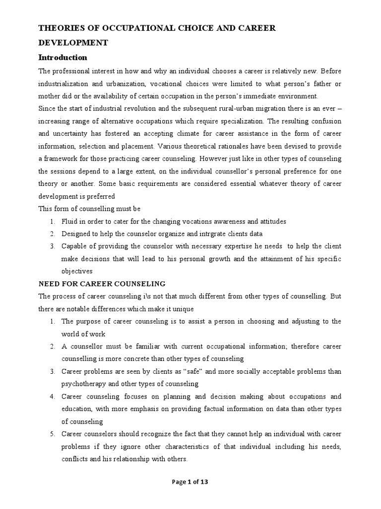 Theories of Occupational Choice and Career Development Epsyc 426 | PDF ...