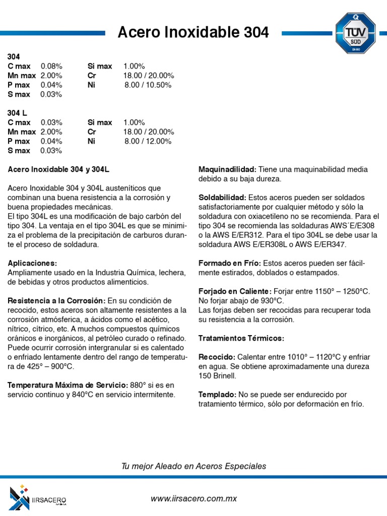 Ficha Técnica Acero Inoxidable 304 Iirsacero | PDF | Tratamiento a base de calor | Acero inoxidable