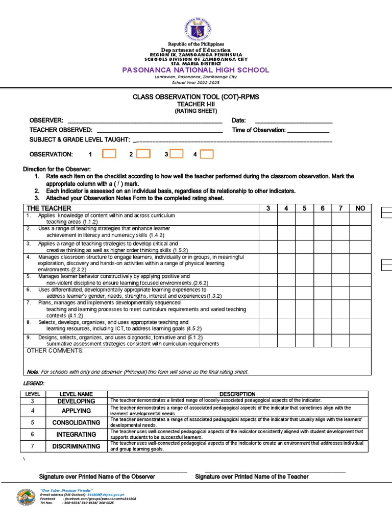 Observation Tool Cot1 | PDF | Teachers | Learning