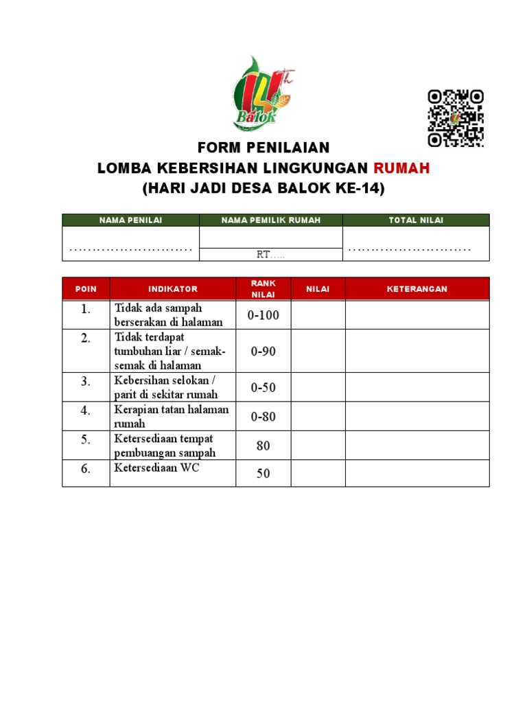 Form Penilaian Lomba Kebersihan Lingkungan | PDF