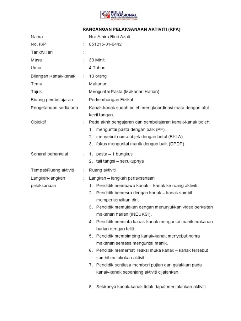 Rpa Perkembangan Fizikal Kanak-Kanak | PDF