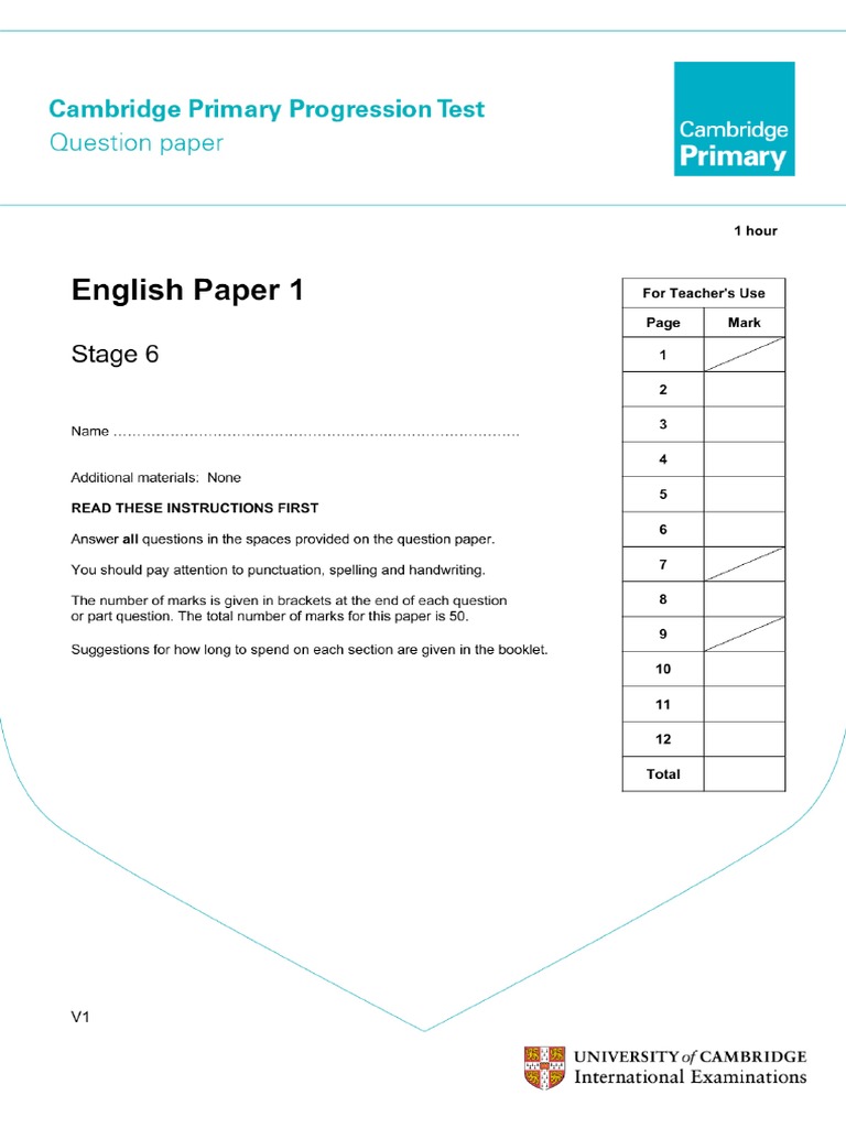 Primary Progression Test - Stage 6 English Paper 1 | PDF