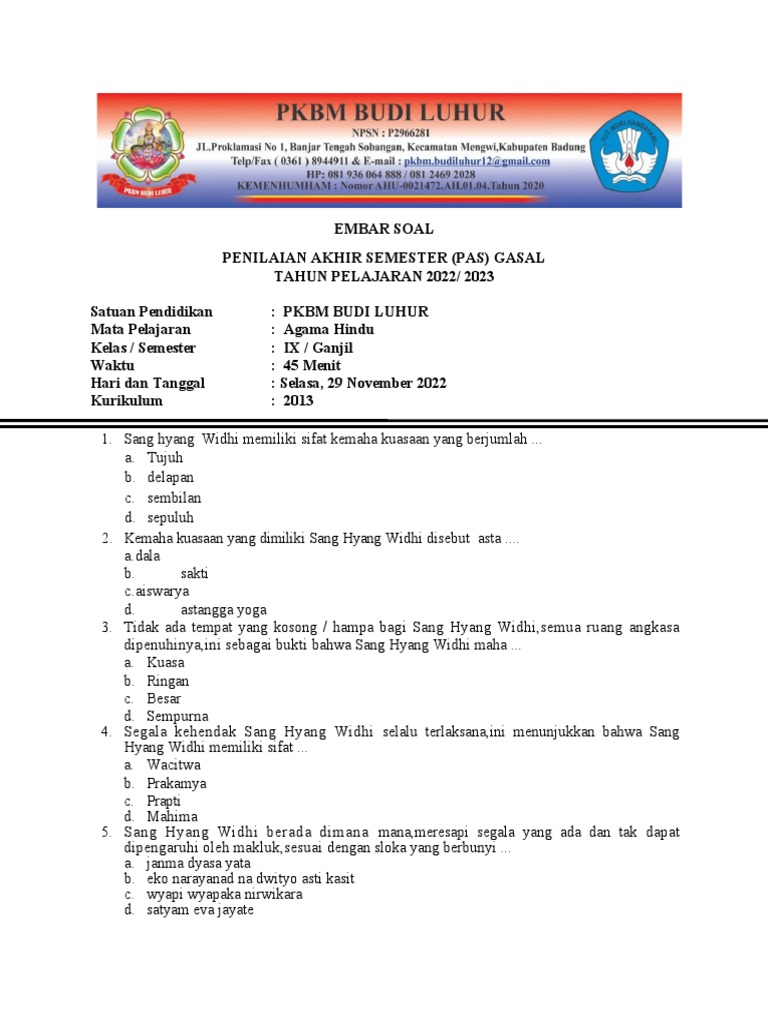 Lembar Soal Pilihan Ganda Agama Hindu | PDF