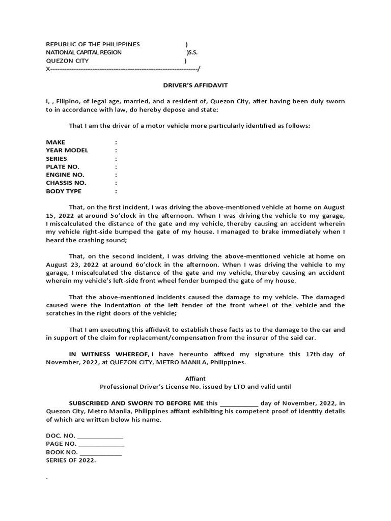 Driver's Affidavit for Insurance Claim | PDF | Affidavit | Vehicles