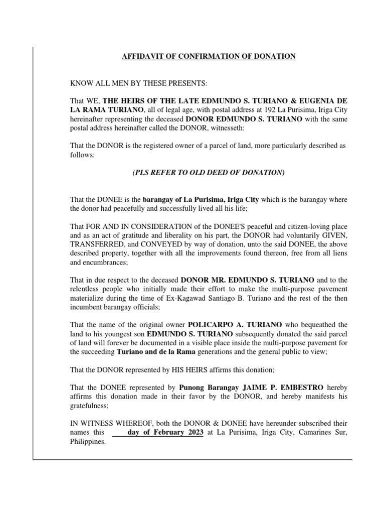 Affirmation Confirmation of Donation | PDF | Legal Documents | Civil ...