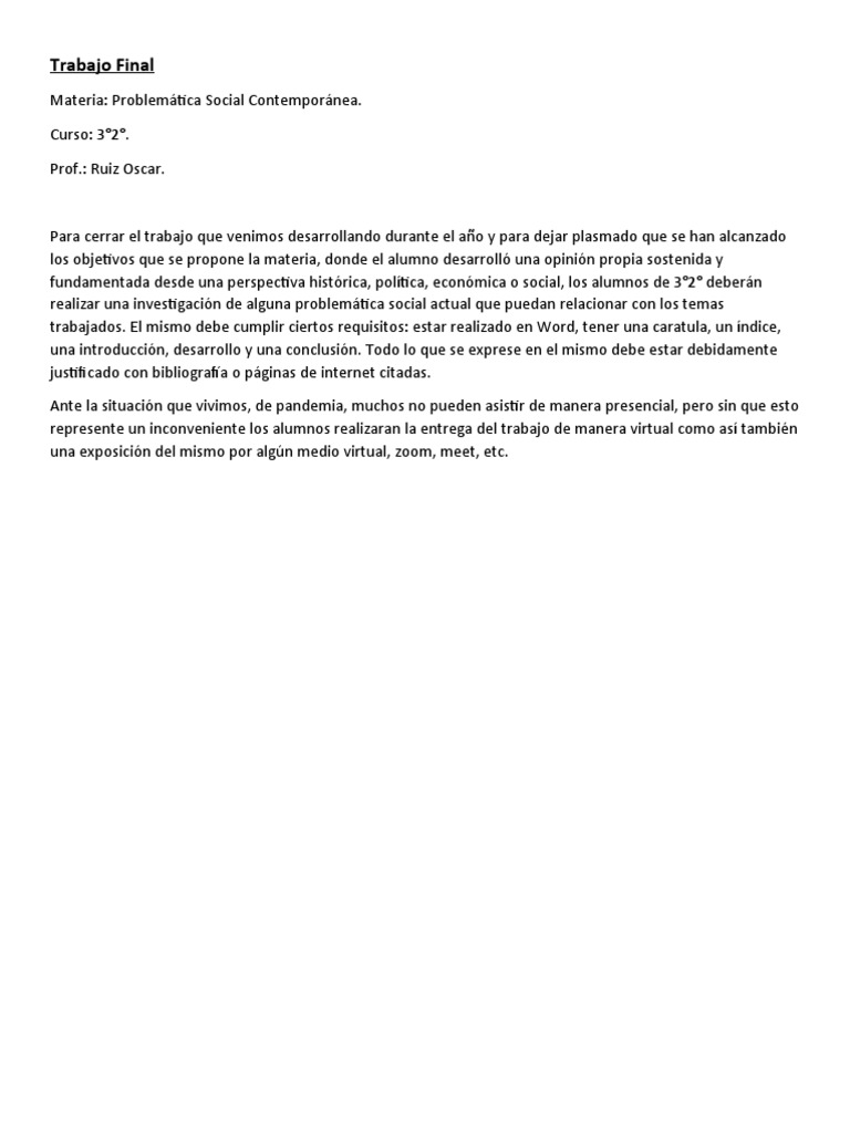 Trabajo Final Problematica Social Contemporanea | PDF