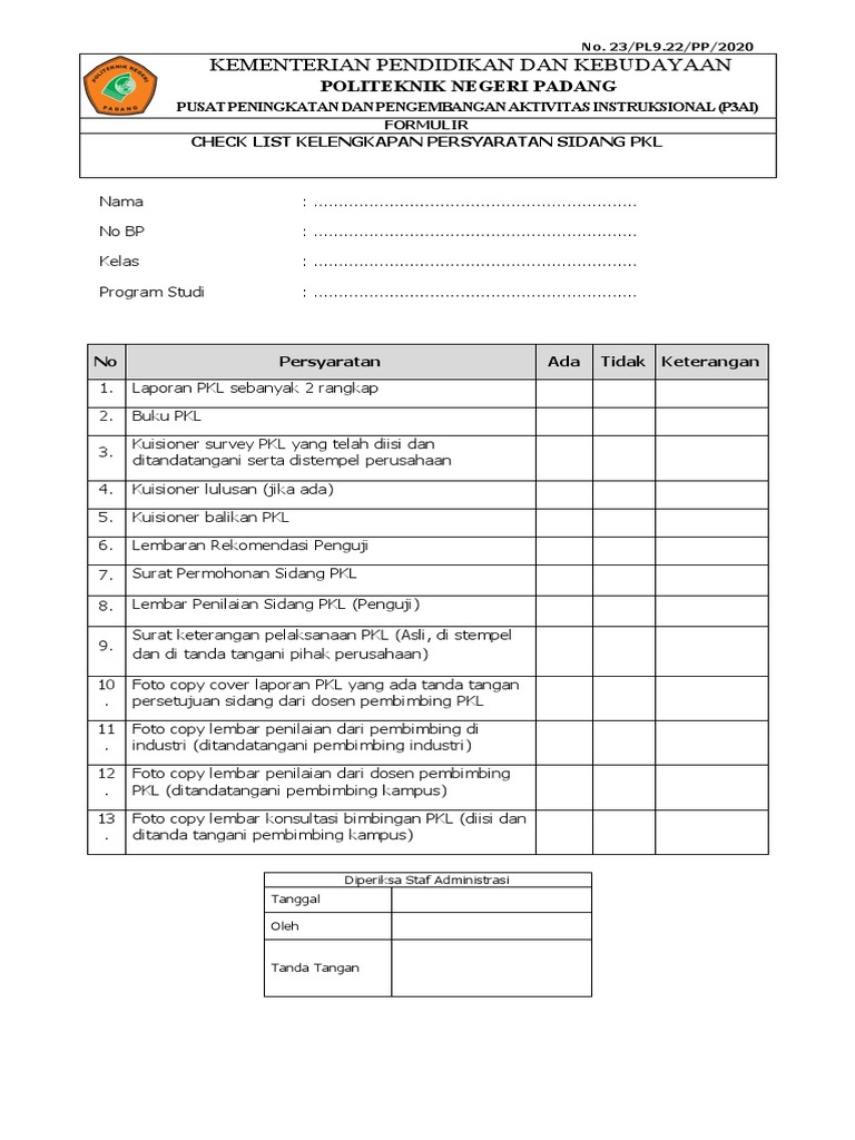 Checklist Persyaratan Sidang PKL | PDF | Pengelolaan Keuangan & Uang