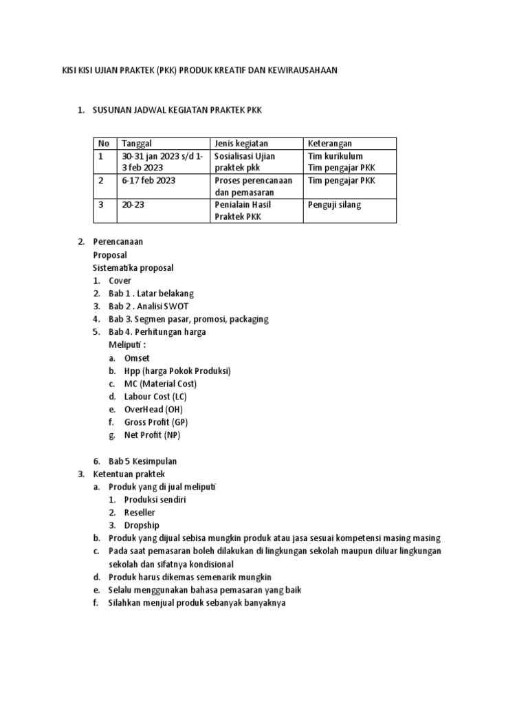 Kisi Kisi Ujian Praktek PKK 2023 | PDF | Bisnis