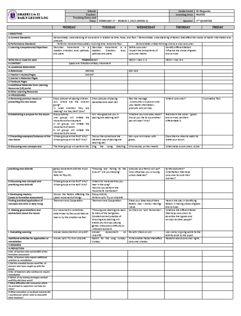 DLL - Mapeh 3 - Q3 - W3 | PDF | Learning | Teachers