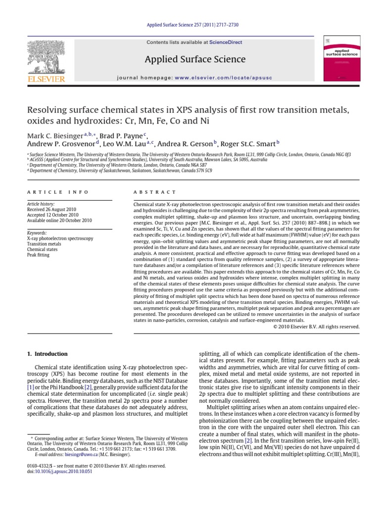 Resolving Surface Chemical States in XPS Analysis of First Row ... Resolving Surface Chemical States in XPS Analysis of First Row ...