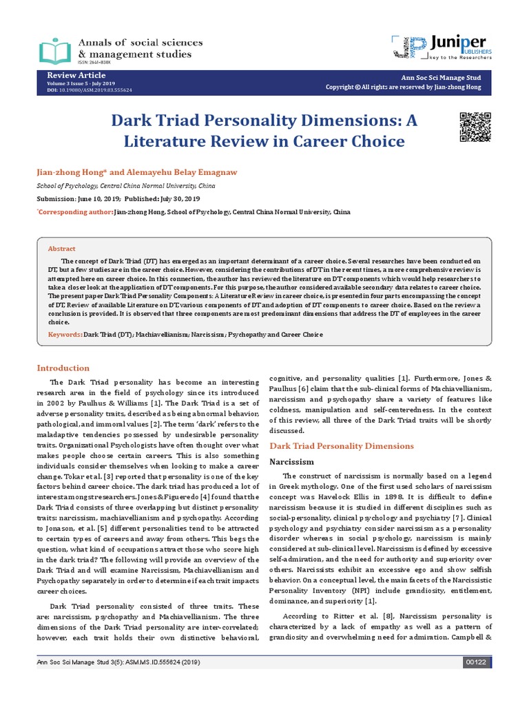 Dark Triad Personality Dimensions A Literature Rev | PDF | Dark Triad ...