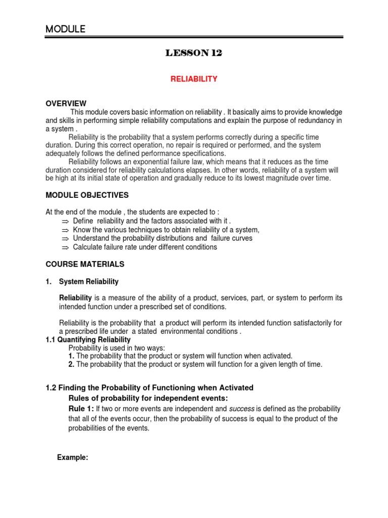 Lesson 12 Reliability | PDF | Reliability Engineering | Normal Distribution