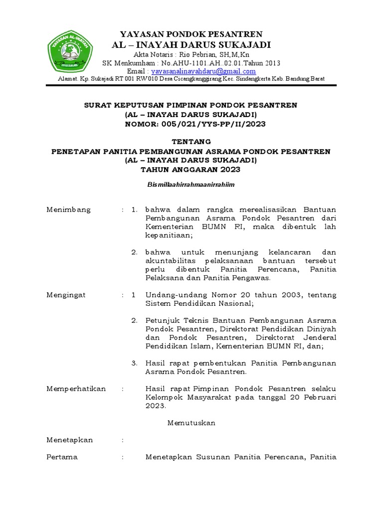 SK - Panitia - Pembangunan Ponpes | PDF