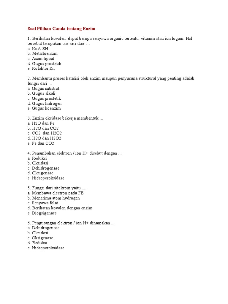 50 Contoh Soal Enzim, Metabolisme, & Pembahasannya Kelas 12 | PDF
