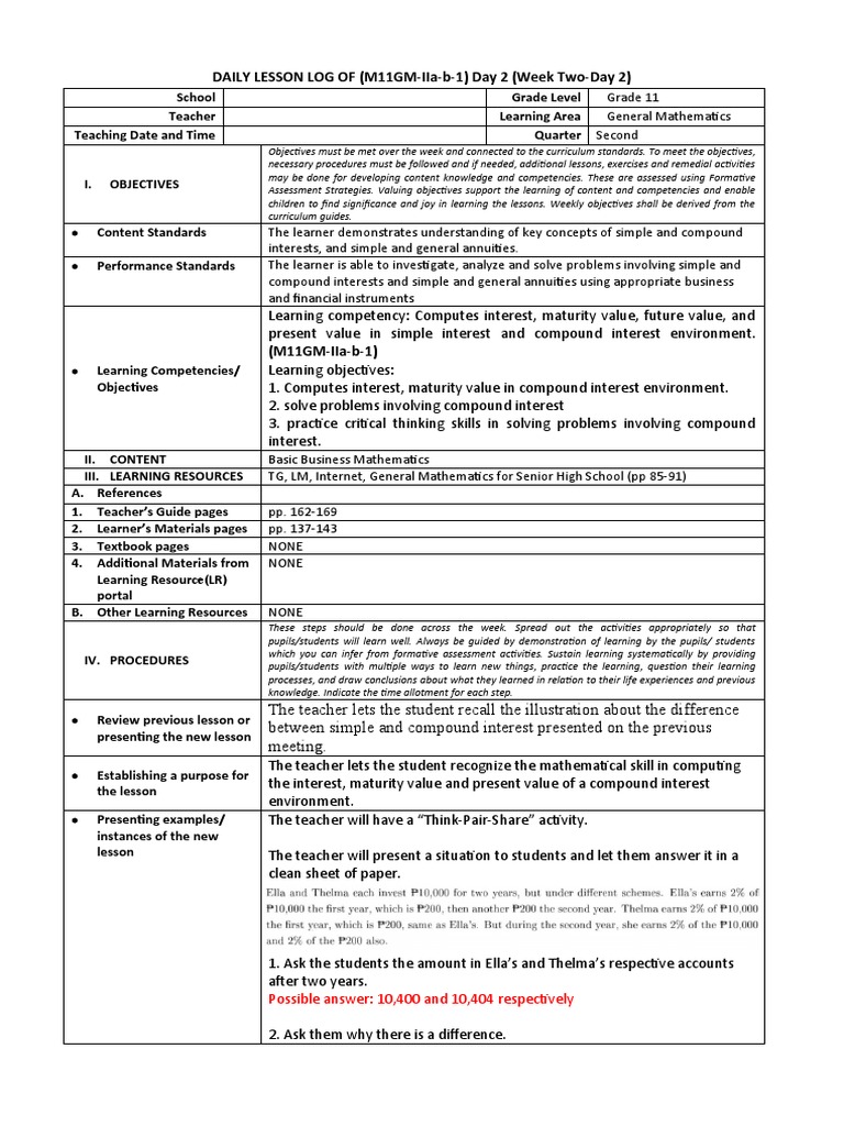 Daily Lesson Log on Compound Interest | PDF | Teachers | Learning
