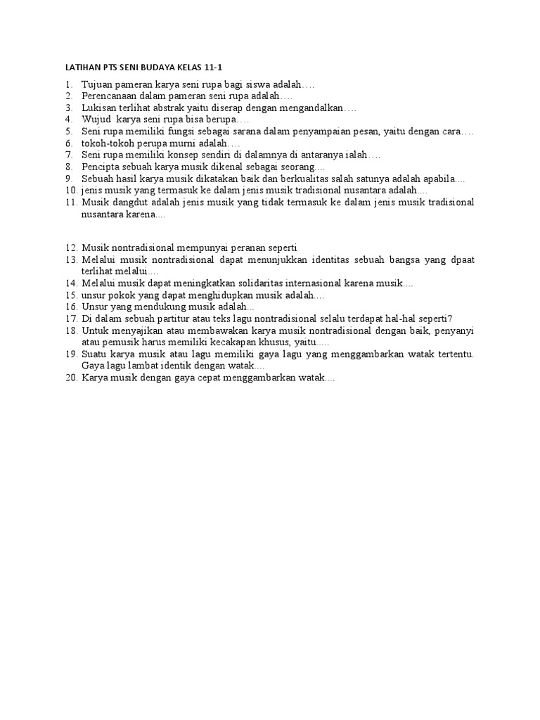 Latihan Pts Seni Budaya Kelas 11 | PDF | Seni