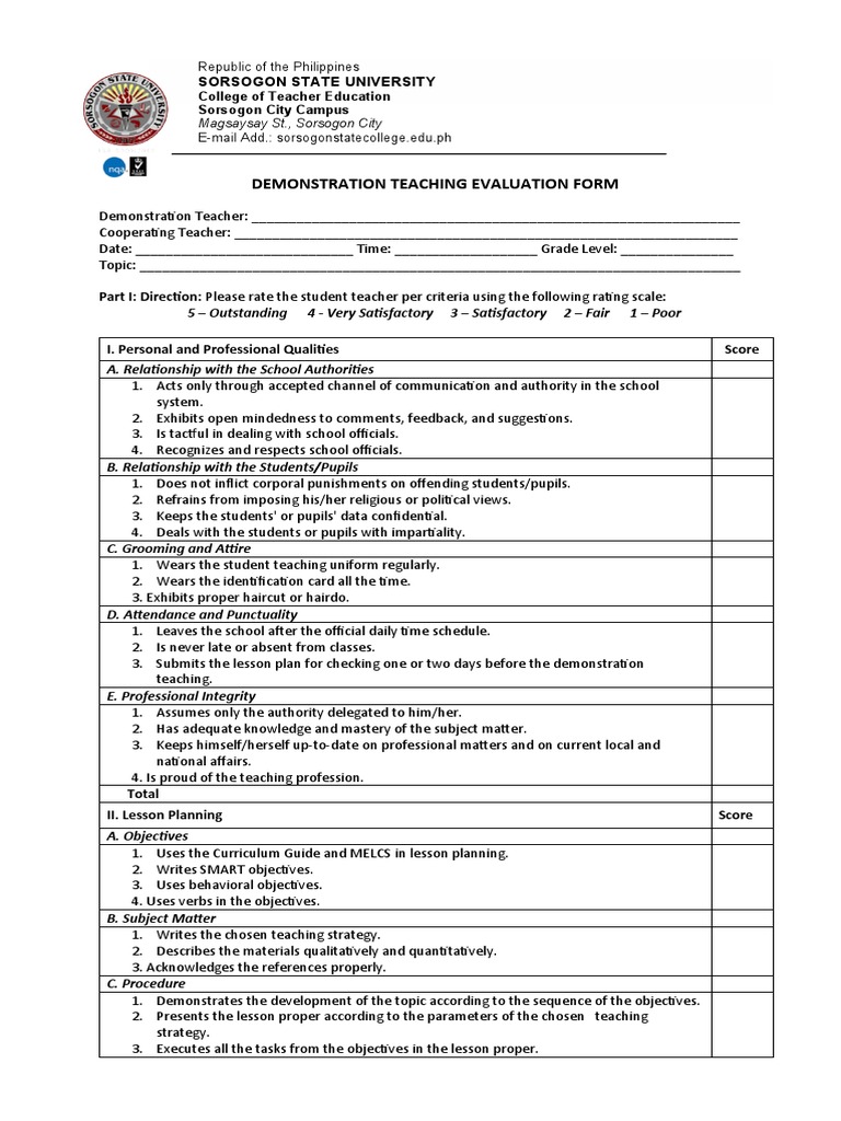 Demo Teaching Evaluation Form | PDF | Teachers | Lesson Plan