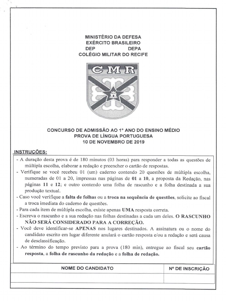 Prova Port Concurso 2019-2020 - 1 Ano EM | PDF