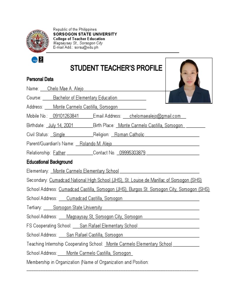 Student Teacher Profile: Chelo Mae Alejo | PDF