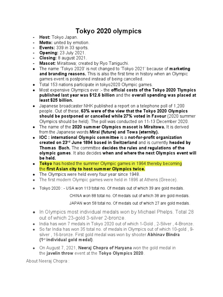 Tokyo 2020 Olympics | PDF | Olympic Games | Sports Festivals
