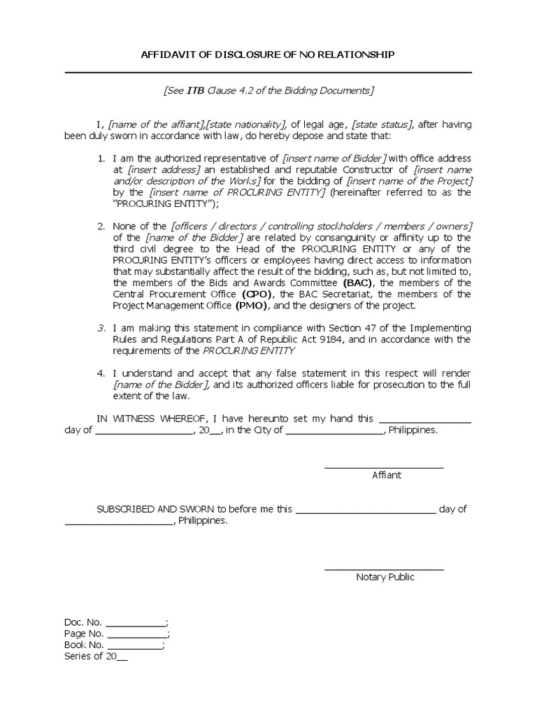 Dpwh-Standard Form Affidavit of Disclosure of No Relation | PDF