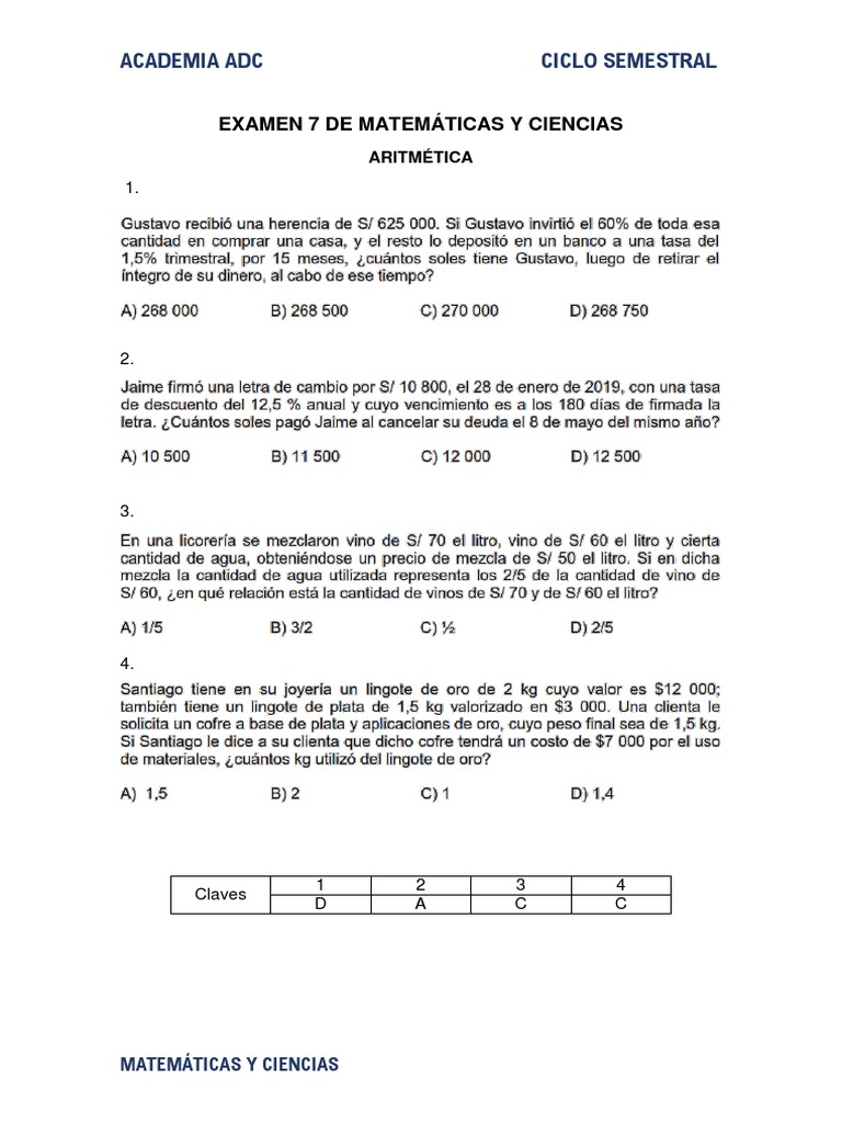 Examen 7 de Matemáticas y Ciencias | PDF