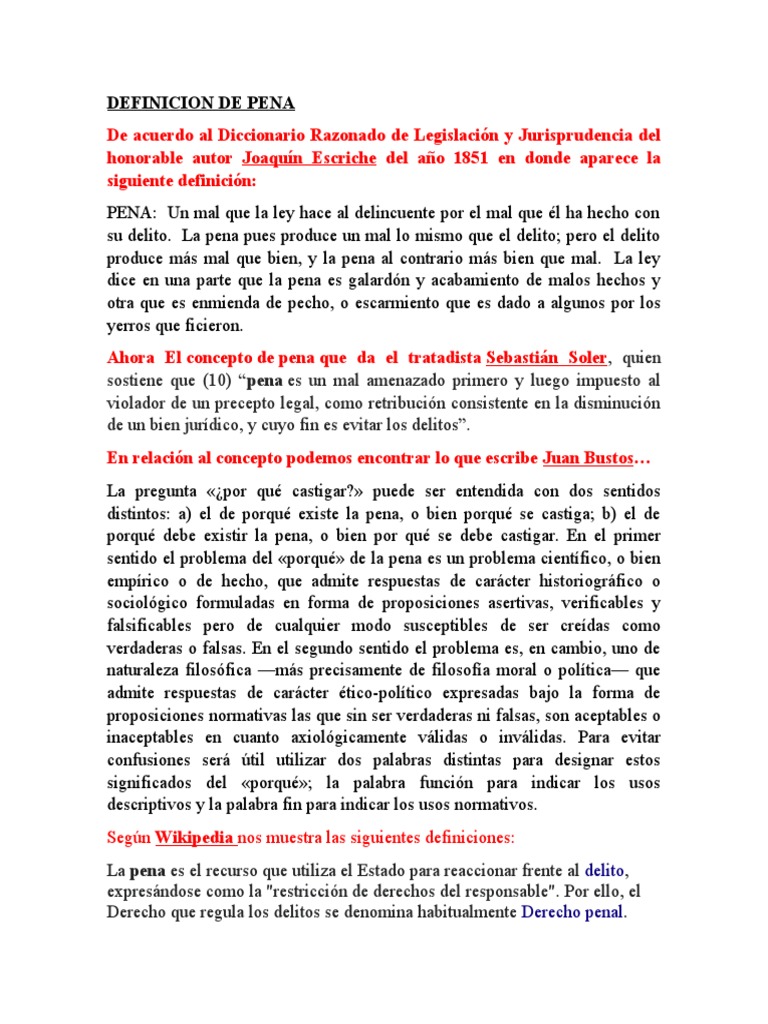 DEFINICION DE PENA y CLASIFICACION | PDF | Derecho penal | Castigos