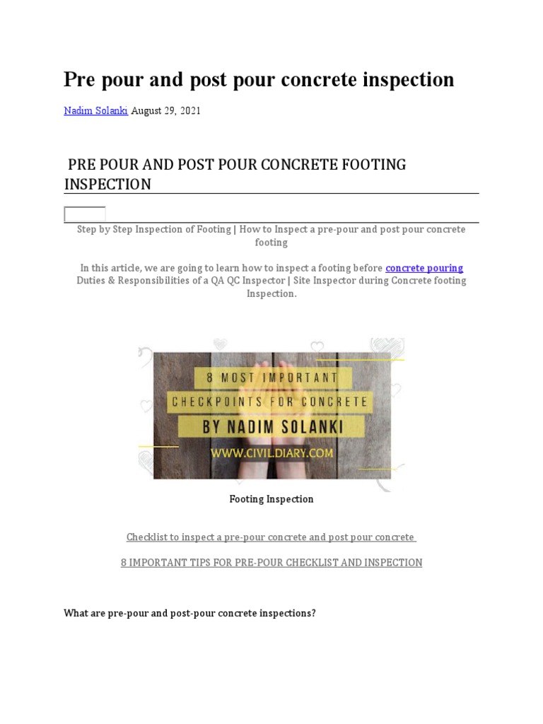 Pre Pour and Post Pour Concrete Inspection | PDF | Concrete | Materials