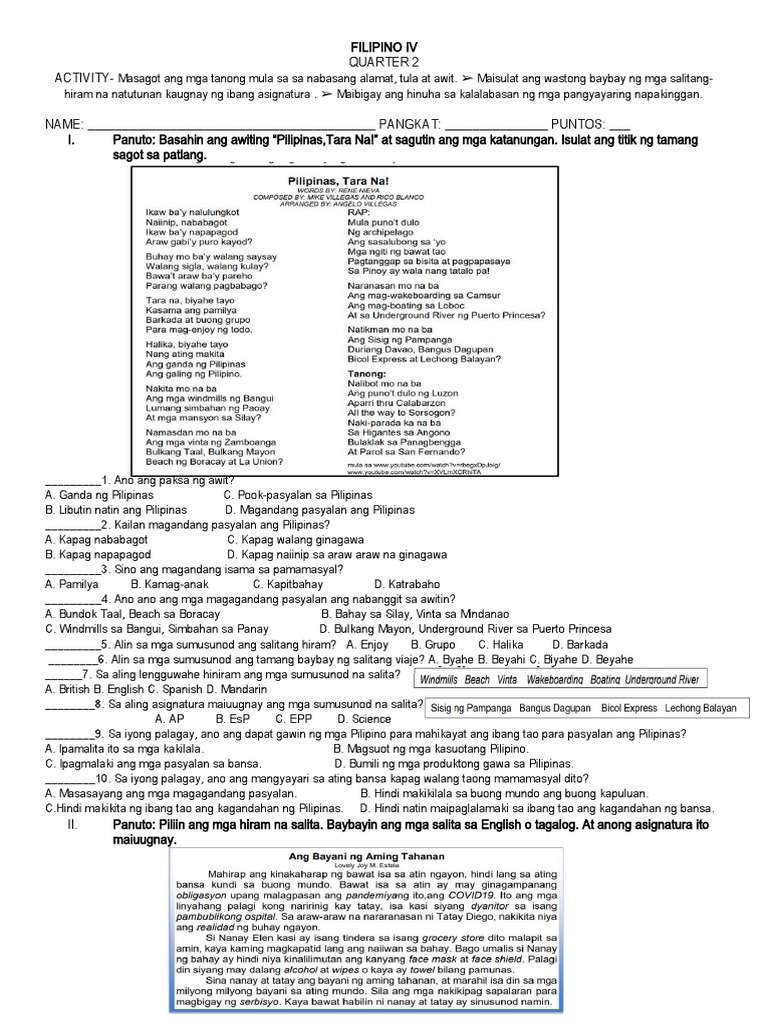 Q2-FILIPINO IV activity-HIRAM AT PAGSAGOT SA TANONG NG ALAMAT, TULA O ...