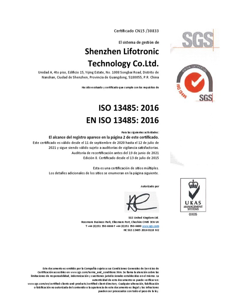 Certificación ISO 13485 de Lifotronic | PDF | Medicina CLINICA ...