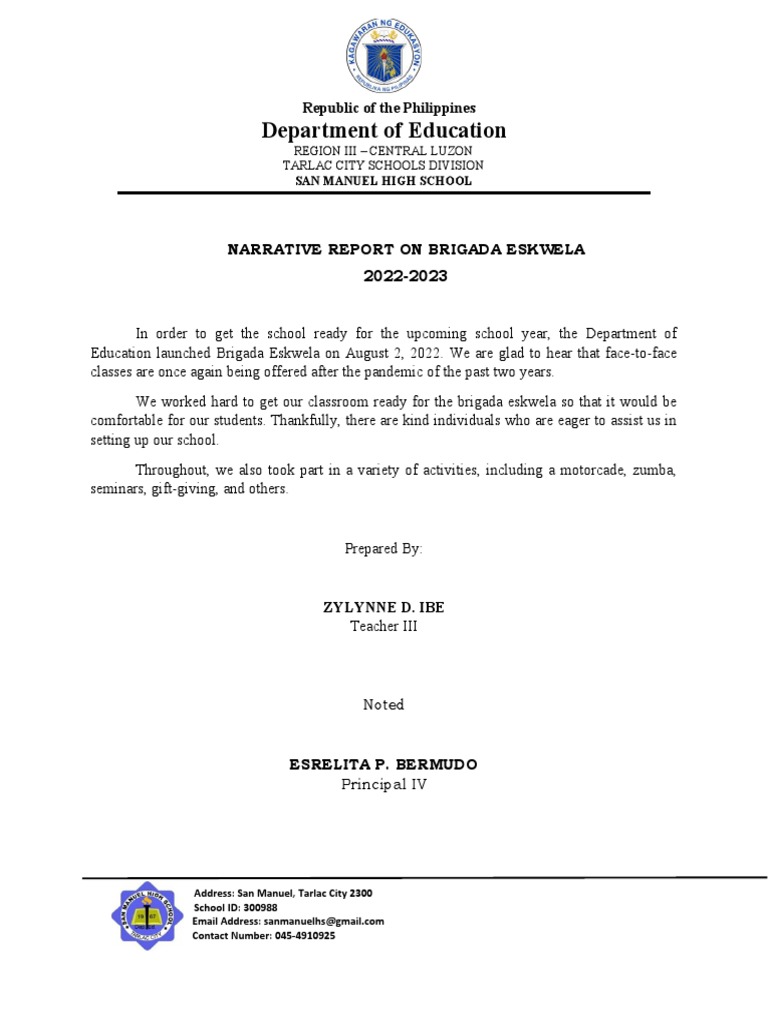 Narrative Report On Brigada Eskwela | PDF