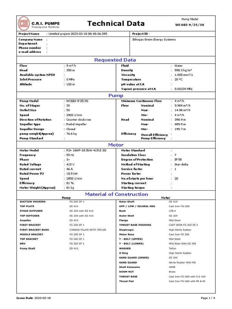 Data Sheet Wc6bi-09!25!30 Binda6d+ 50d r3+ SD 3ph | PDF | Pump | Electric Motor