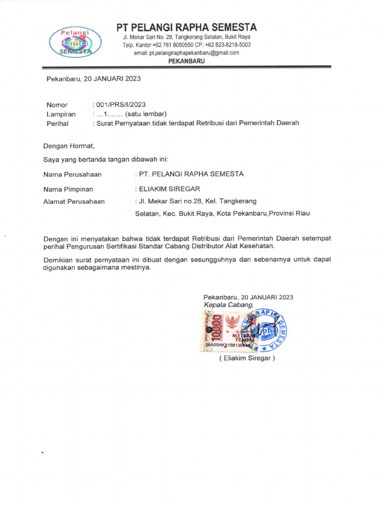 Surat Pernyataan Tidak Terdapat Retribusi | PDF