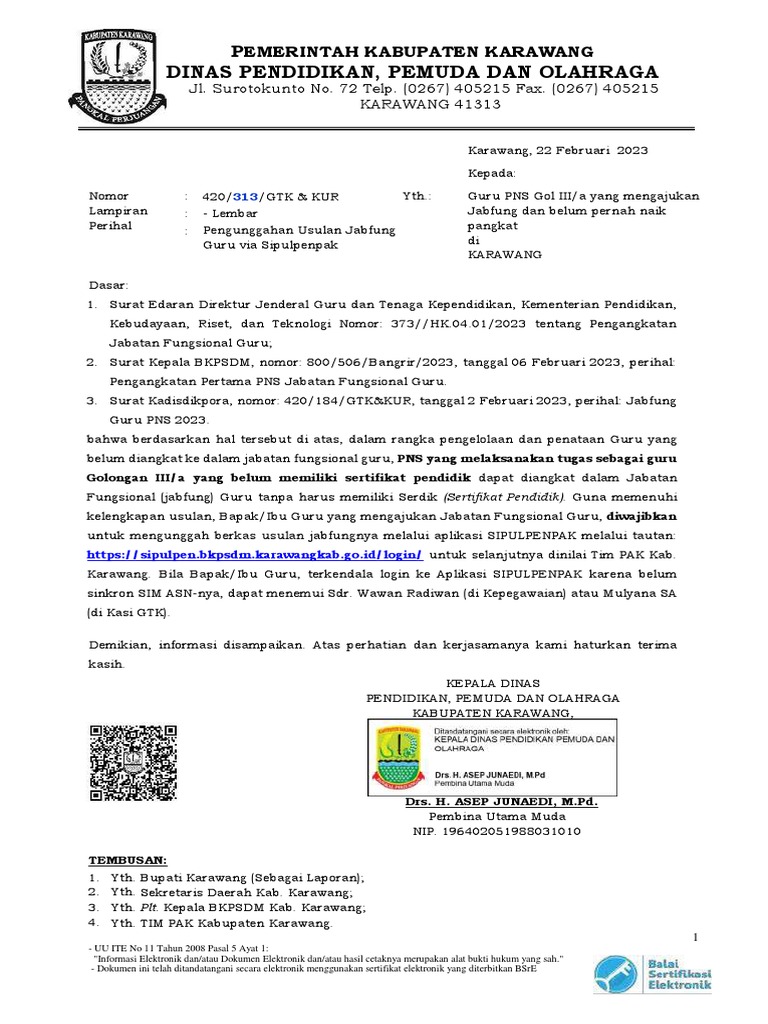 Pengajuan Jabfung Guru PNS Karawang | PDF