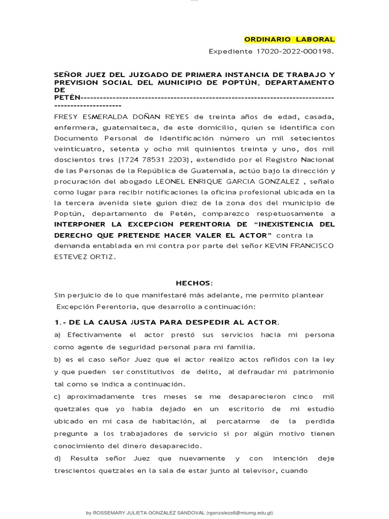 Memorial de Interposicion de Excepciones Perentorias | PDF | Justicia ...