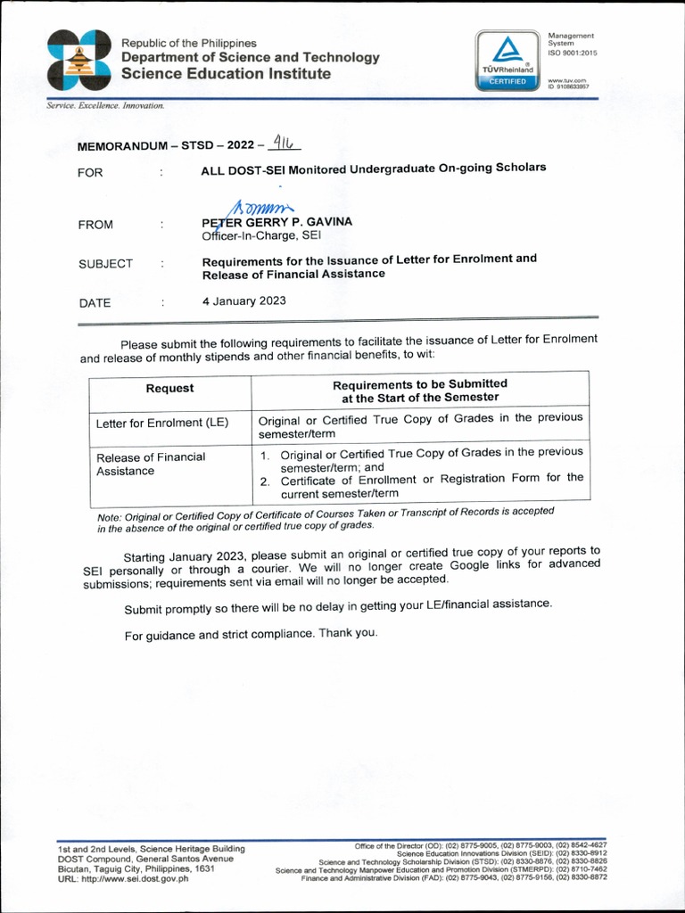 Memo-STSD-2022-416-Requirements For The Issuance of LEand Release of ...