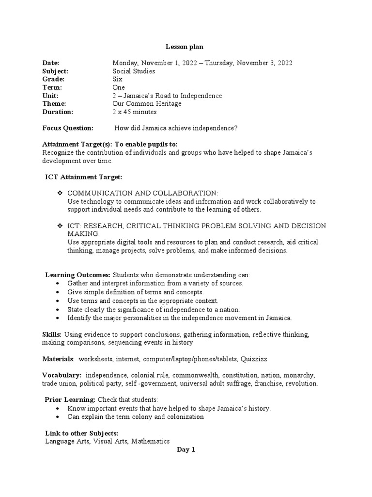 Jamaica's Journey to Independence: A Lesson Plan Detailing Key Events ...