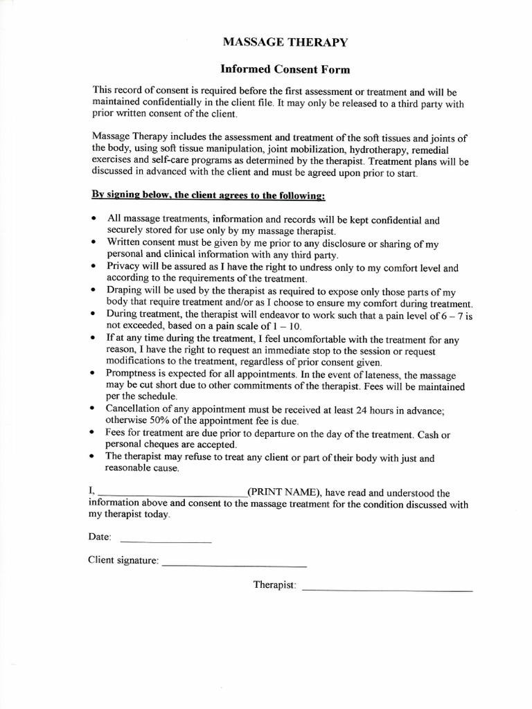 Massage Sample Consent Form Template | PDF | Massage | Therapy