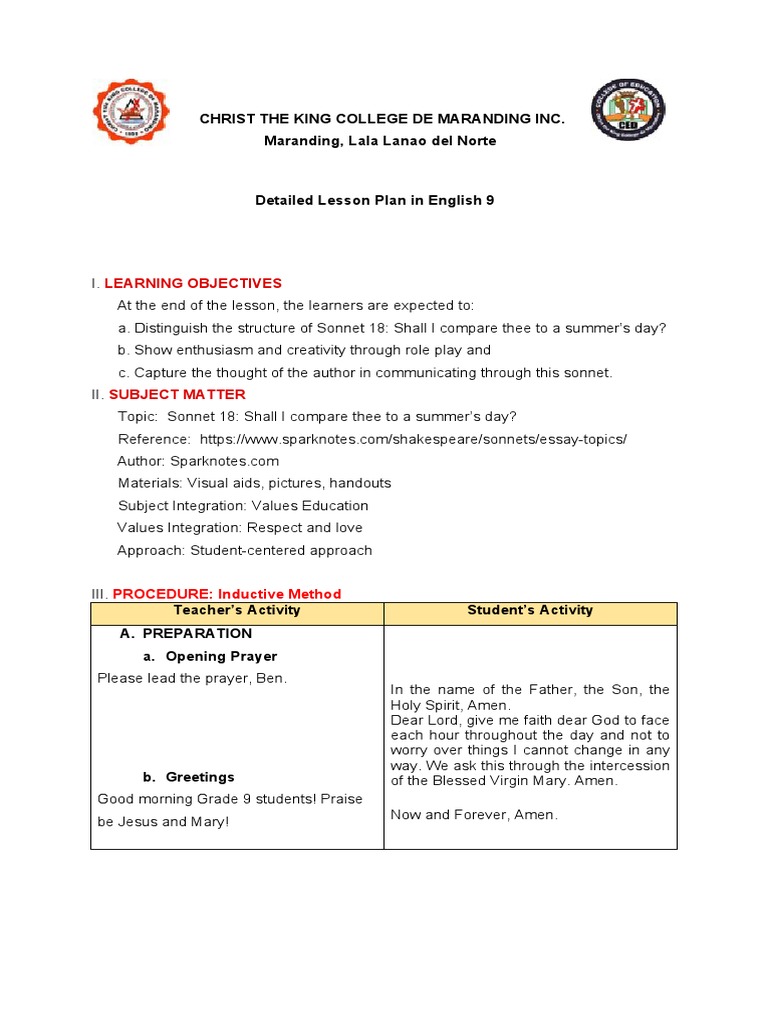 Lesson Plan (Sonnet 18 - Poem Appreciation) | PDF | Thou | Poetry