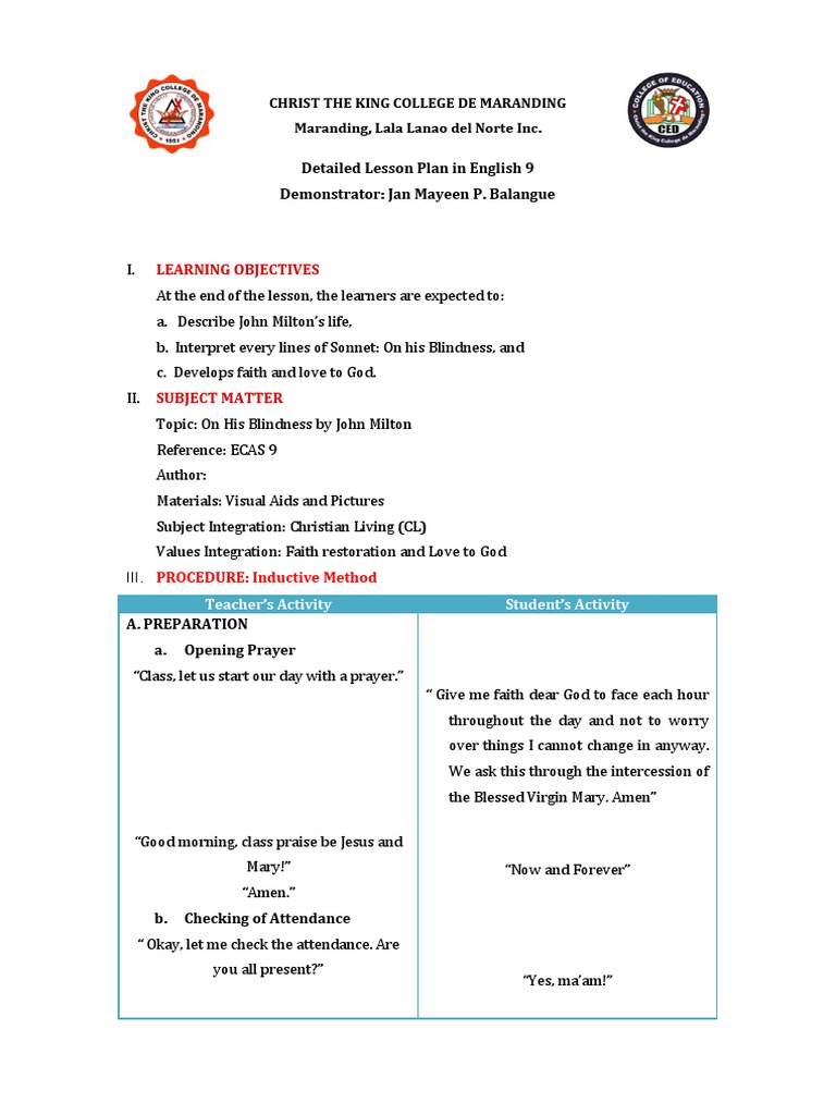 Lesson Plan (Sonnet 19) | Download Free PDF | Sonnets | Faith